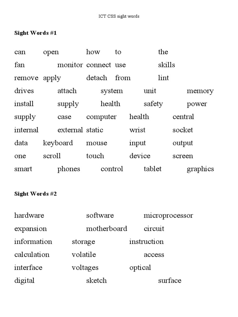 ICT CSS Sight Words 1 | PDF