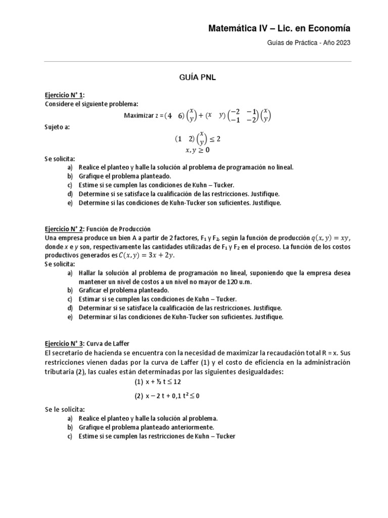 Guía de Programación No Lineal 2023 | PDF | Programacion no lineal ...