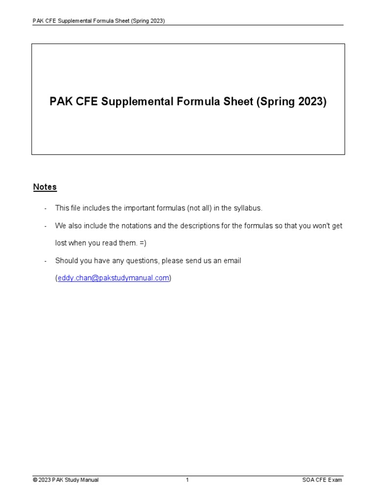 PAK CFE Supplemental Formula Sheet (Spring 2023) | PDF | Cost Of ...