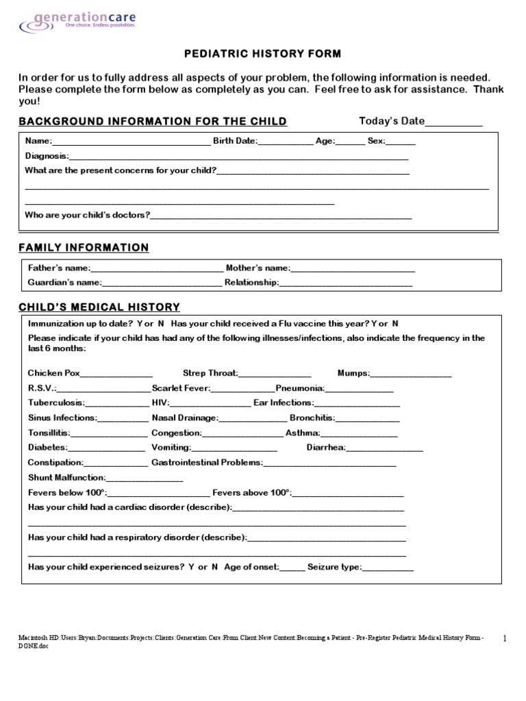 Pediatric History Form | PDF | Eating | Pregnancy