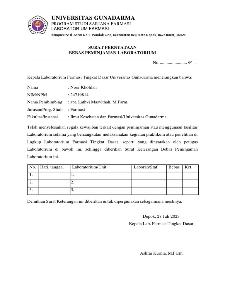 Surat Pernyataan Bebas Lab Mahasiswa Laboratorium Dasar | PDF