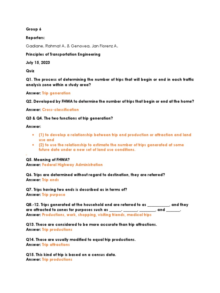 Quiz on Trip Generation Analysis | PDF