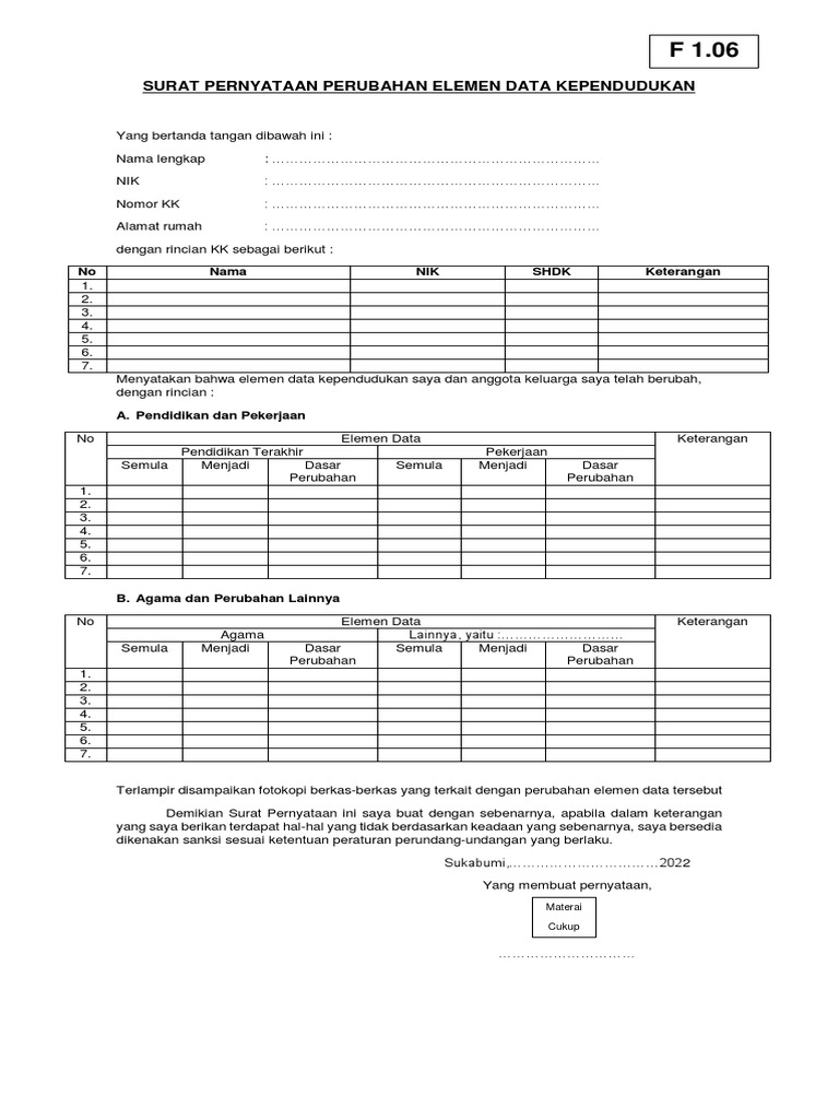 Surat Pernyataan Perubahan Data Kependudukan | PDF