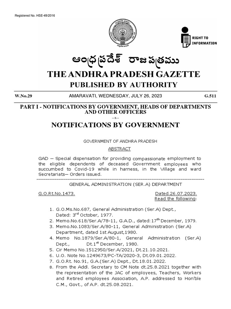 Part I - Notifications by Government, Heads of Departments and Other ...