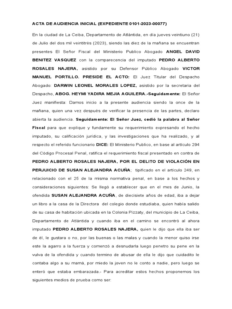 Acta de Audiencia Inicial Violacion Especial Proceso Penal Terminada | PDF | Derecho