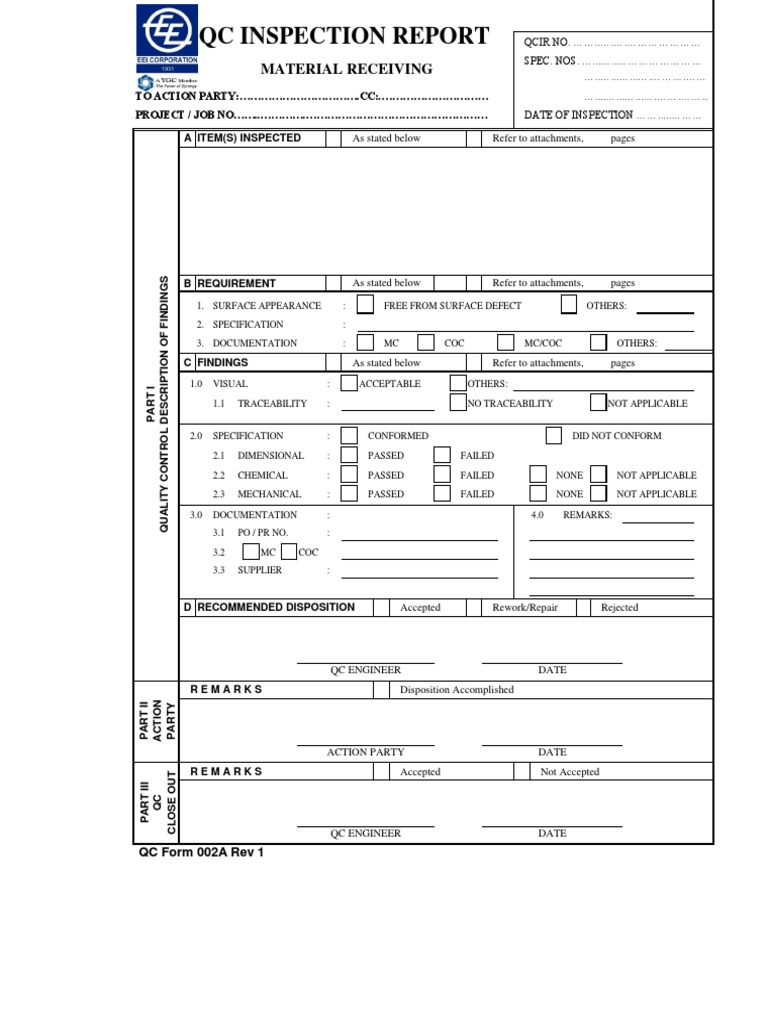 QC Inspection Report: Material Receiving | PDF