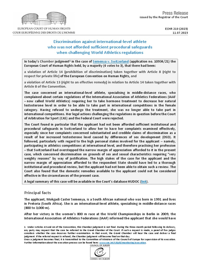 Discrimination Against International-Level Athlete Who Was Not Afforded Sufficient Procedural ...