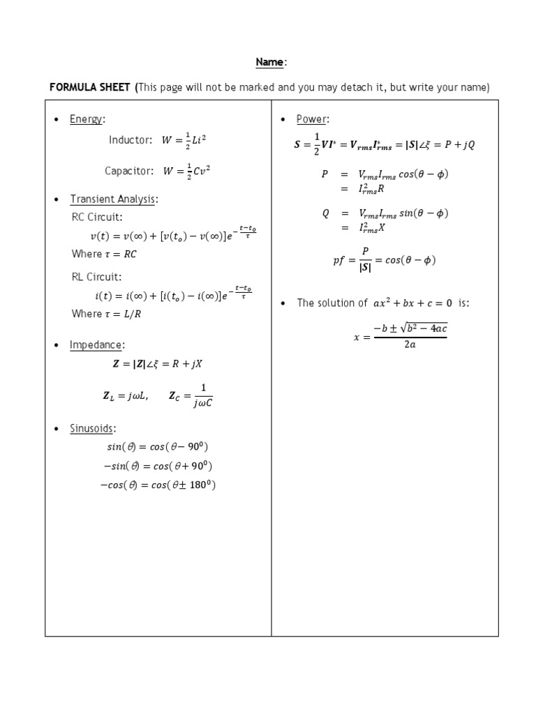 W18_ECE140_Final-Formulas | PDF