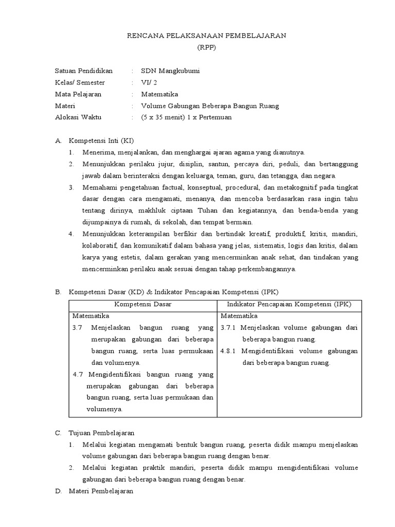 RPP Volume Gabungan Bangun Ruang Kelas VI | PDF