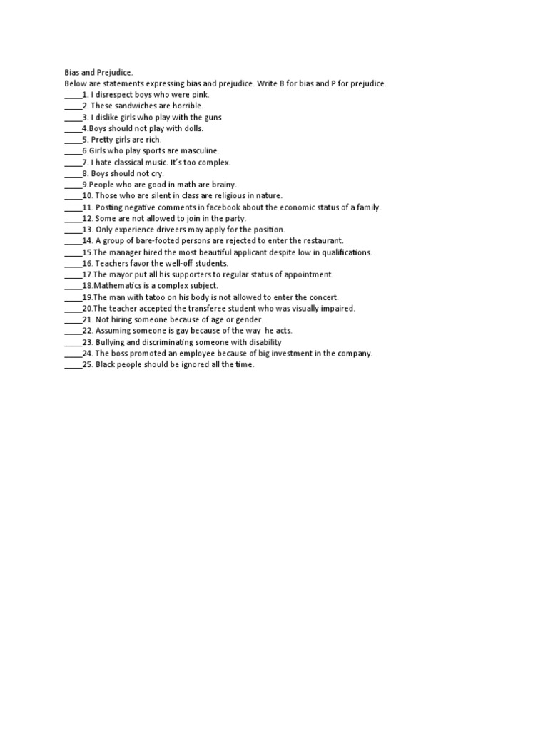 Identifying Bias and Prejudice Statements | PDF