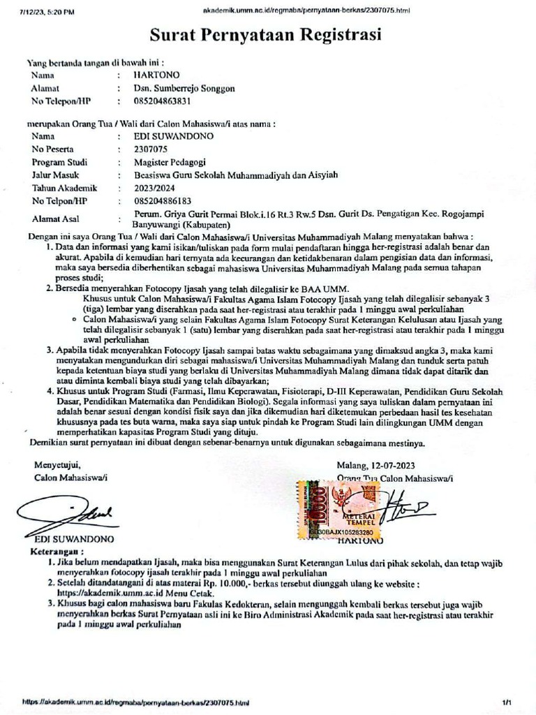 Surat Pernyataan Registrasi | PDF