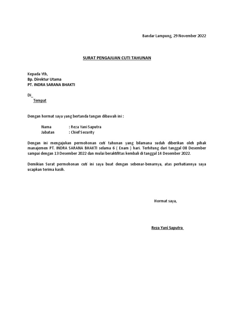 Surat Permohonan Cuti Tahunan Karyawan | PDF
