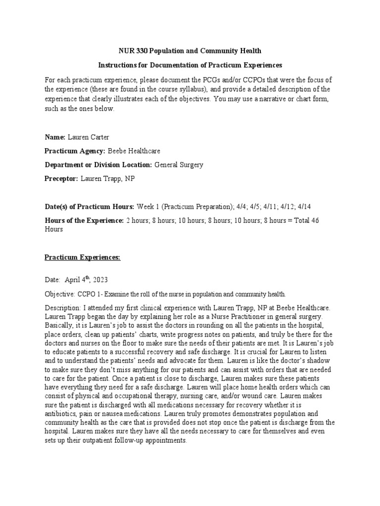 Nur 330 Practicum Documentation Form - Journal | PDF | Patient ...