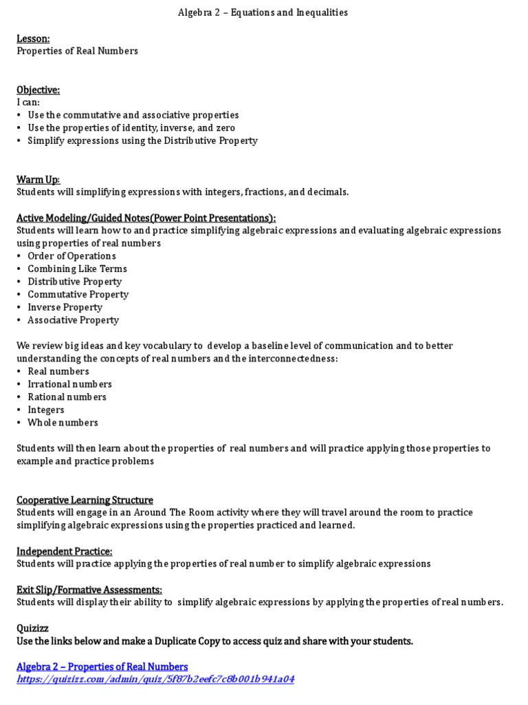 Lesson Plan - Properties of Real Numbers | PDF