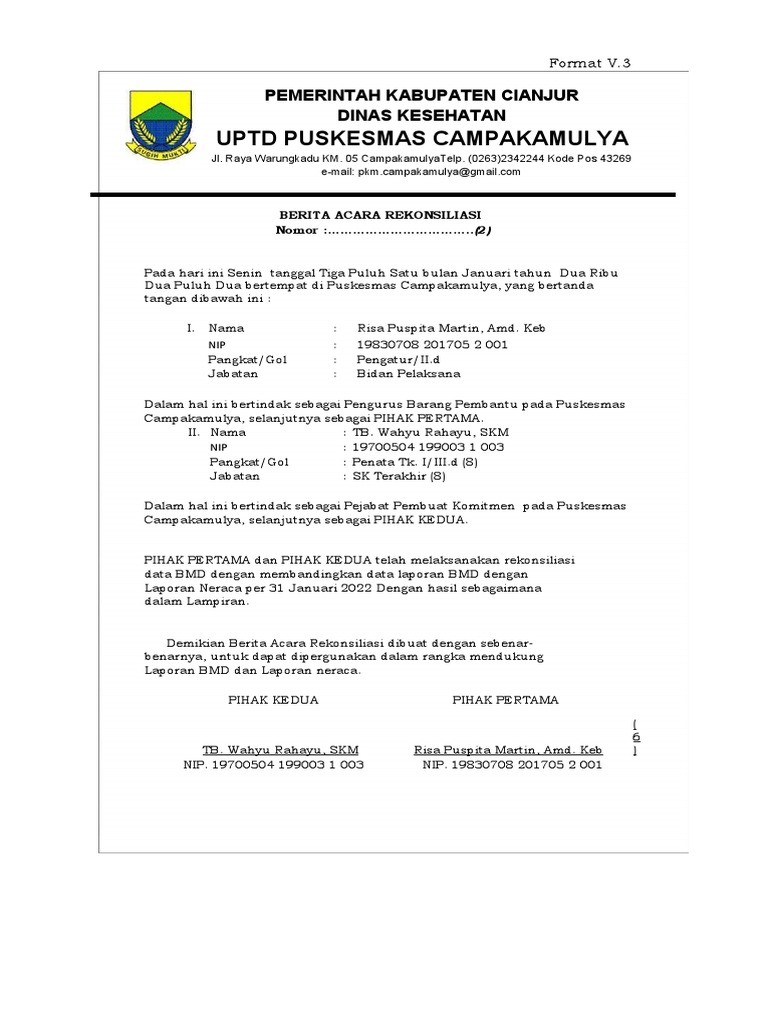Format V.3 BA Rekon Pengurus Barang Pembantu Dengan PPK | PDF