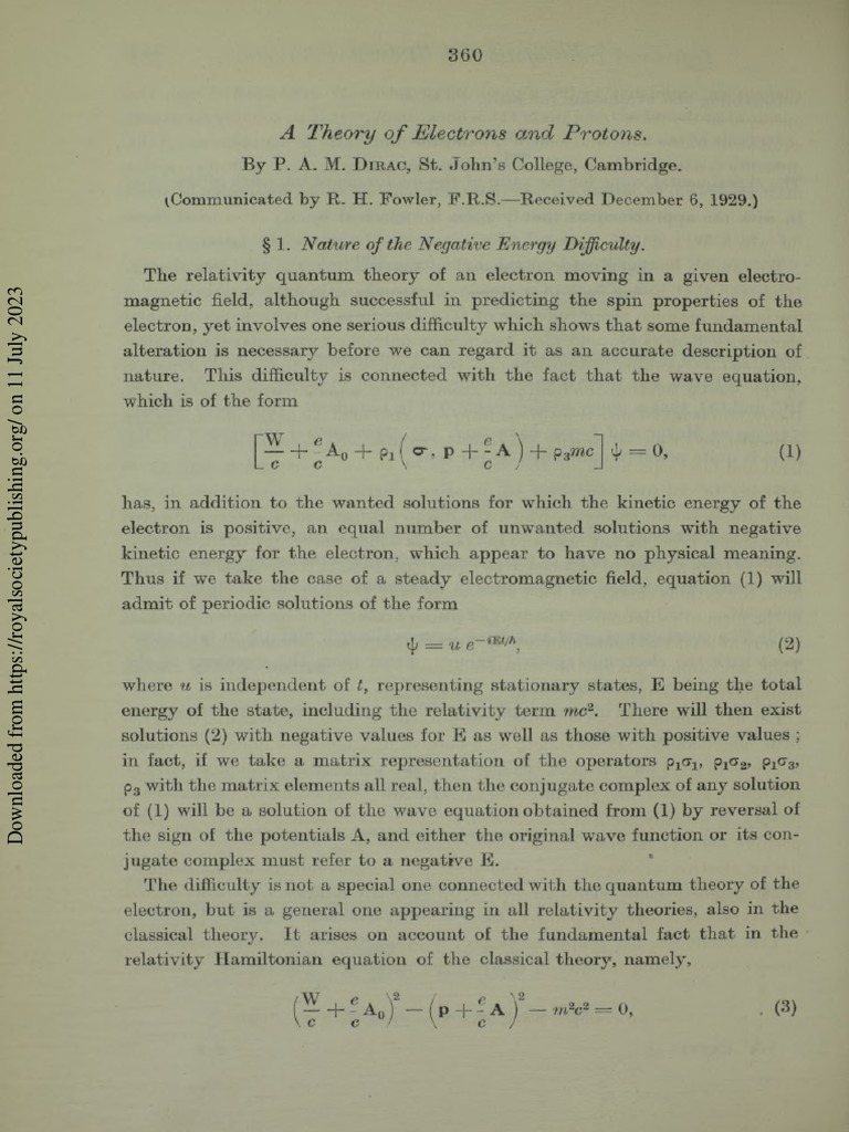 DIRAC, P. A Theory of Electrons and Protons. | PDF