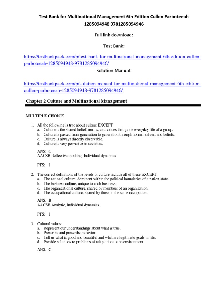 Multinational Management 6th Edition Cullen Parboteeah Test Bank | PDF ...