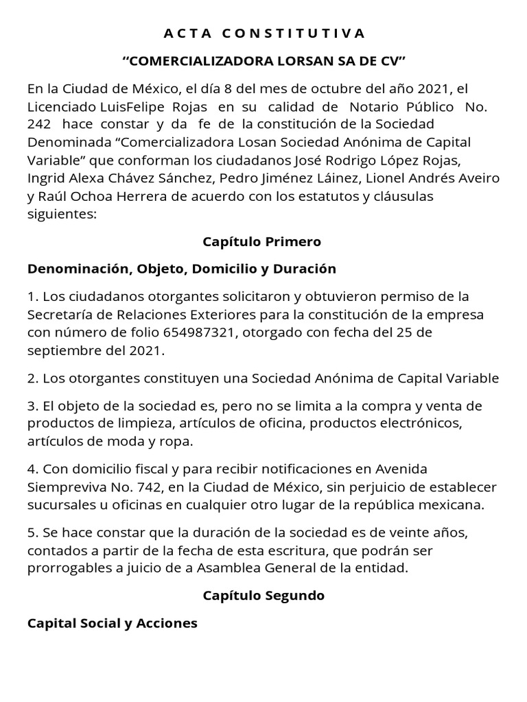 Acta Constitutiva "Comercializadora Lorsan Sa de CV" | Descargar gratis PDF | México