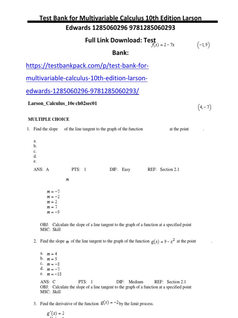 Multivariable Calculus 10th Edition Larson Edwards Test Bank | Download ...