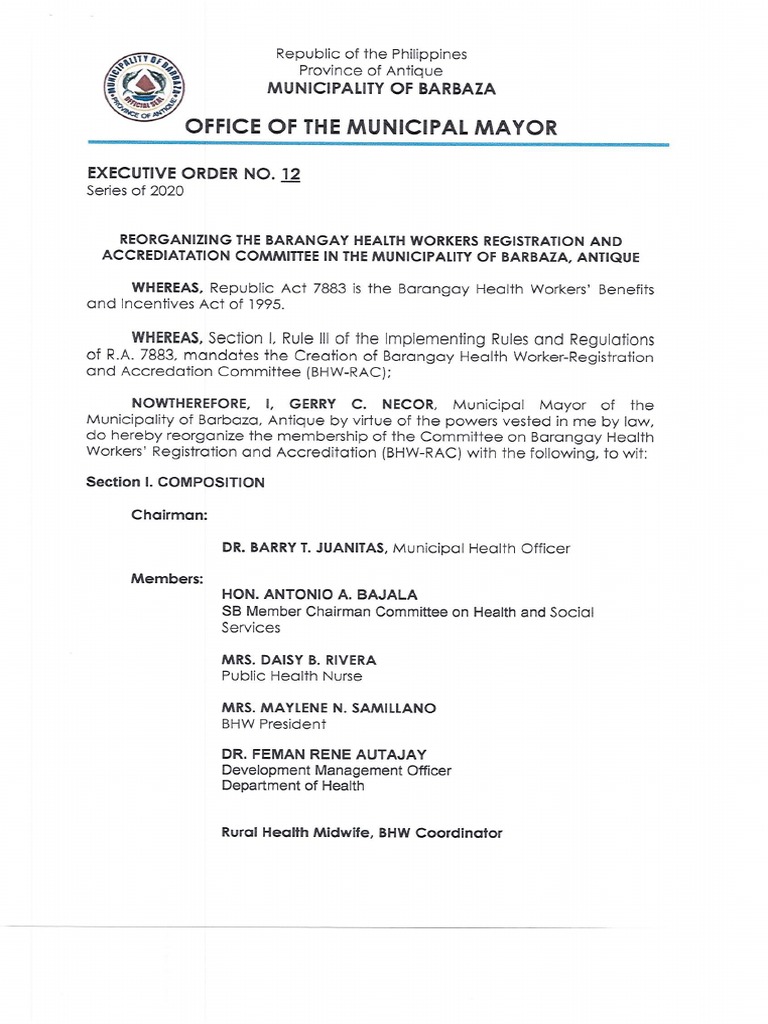 12 An Order Creating The Barangay Health Workers Registration and ...