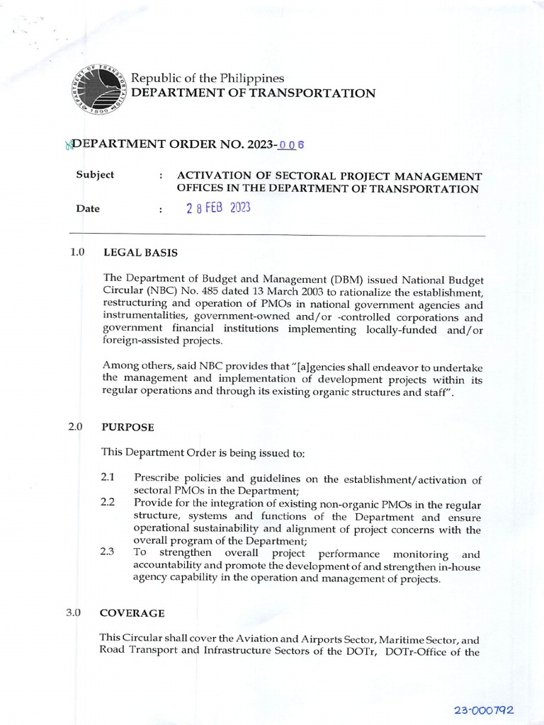 D.O. 2023-006 Activation of Sectoral Project Management Offices in The ...