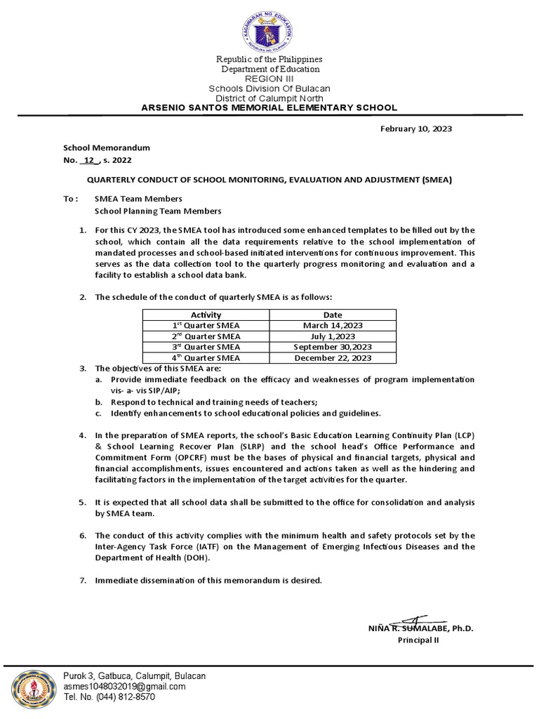 School Memo No. S. 2023 Smea 1 With Acr | PDF | Cognition
