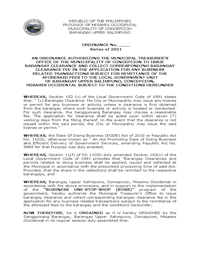 Barangay Ordinance Re Barangay Clearance Authorization | PDF | Justice ...