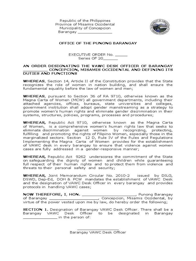 E.O. Barangay VAWC Desk Officer | PDF