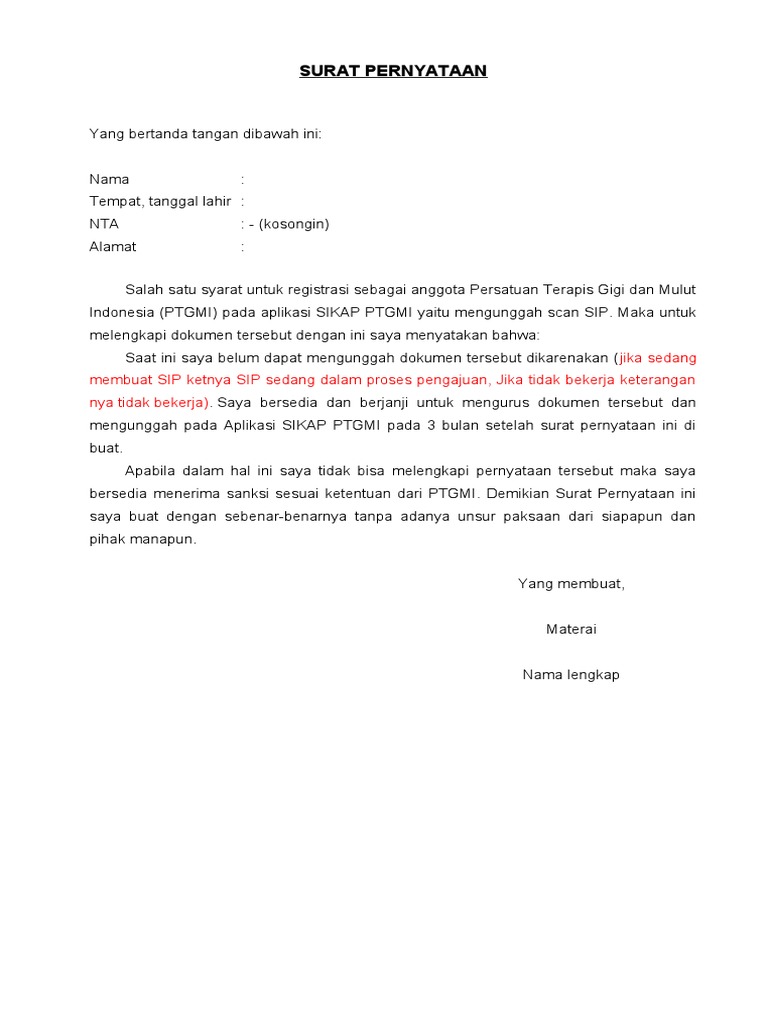 SURAT PERNYATAAN SIP Terbaru | PDF
