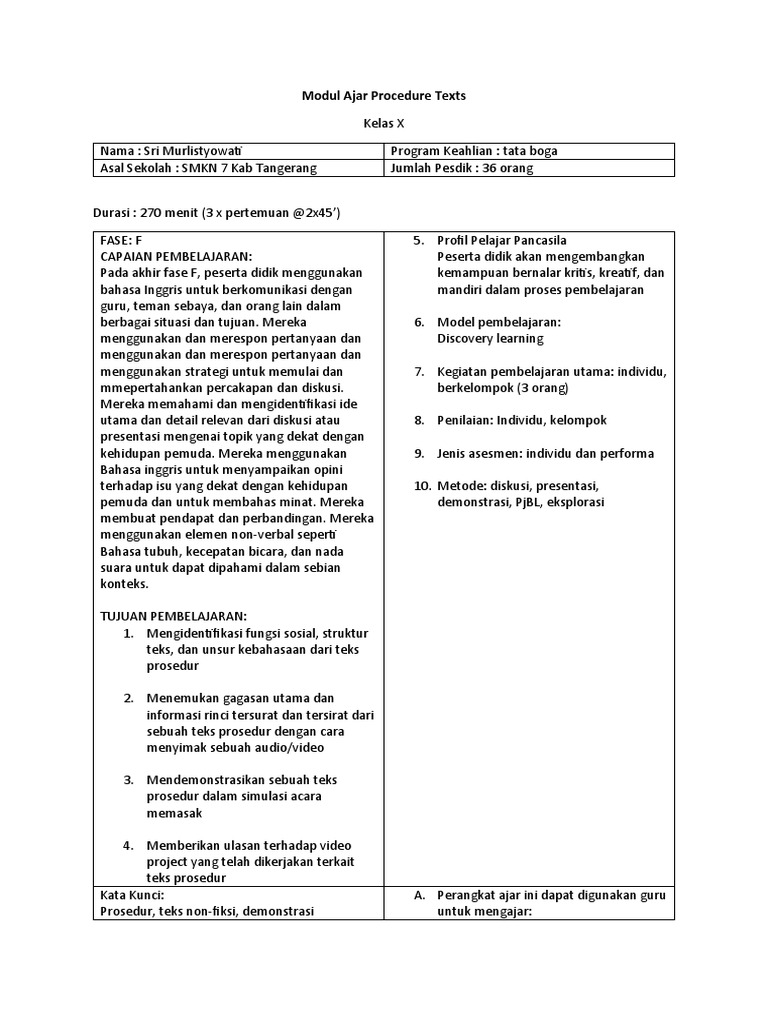Modul Ajar Procedure Texts Bu Lis - Sri Murlistyowati | PDF