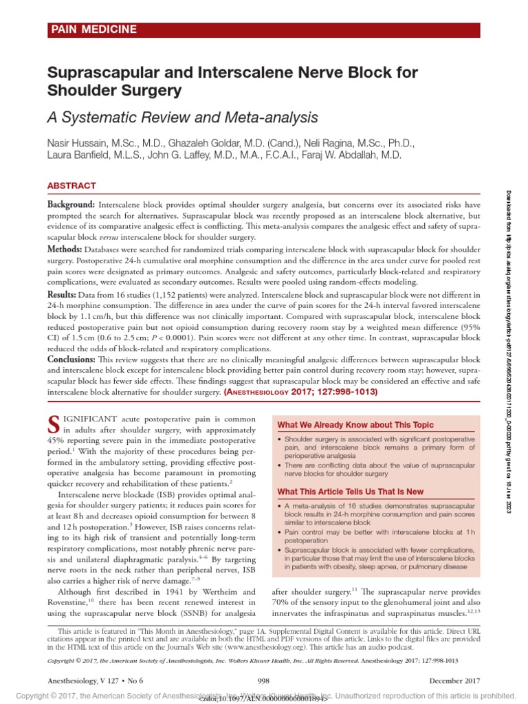 Suprascapular and Interscalene Nerve Block For Shoulder Surgery | PDF