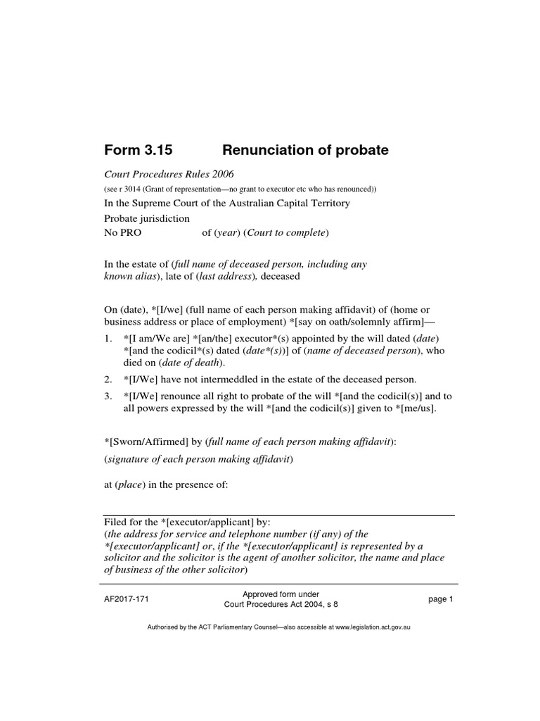 Form 3.15 Renunciation of Probate: (See R 3014 (Grant of Representation ...