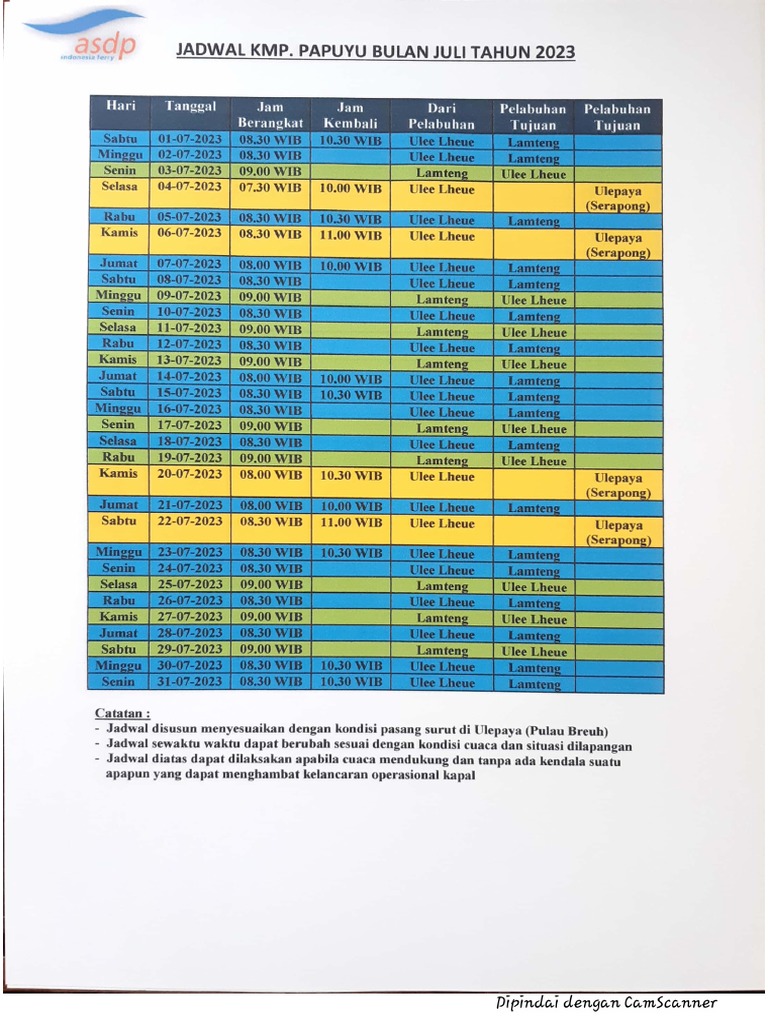 Jadwal KMP. PAPUYU Bulan Juli 2023 | PDF