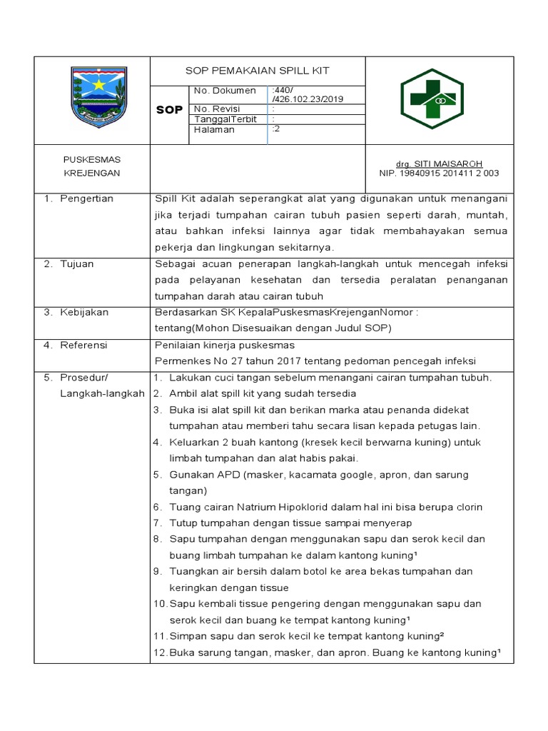 SOP Penggunaan Spill Kit di Puskesmas | PDF