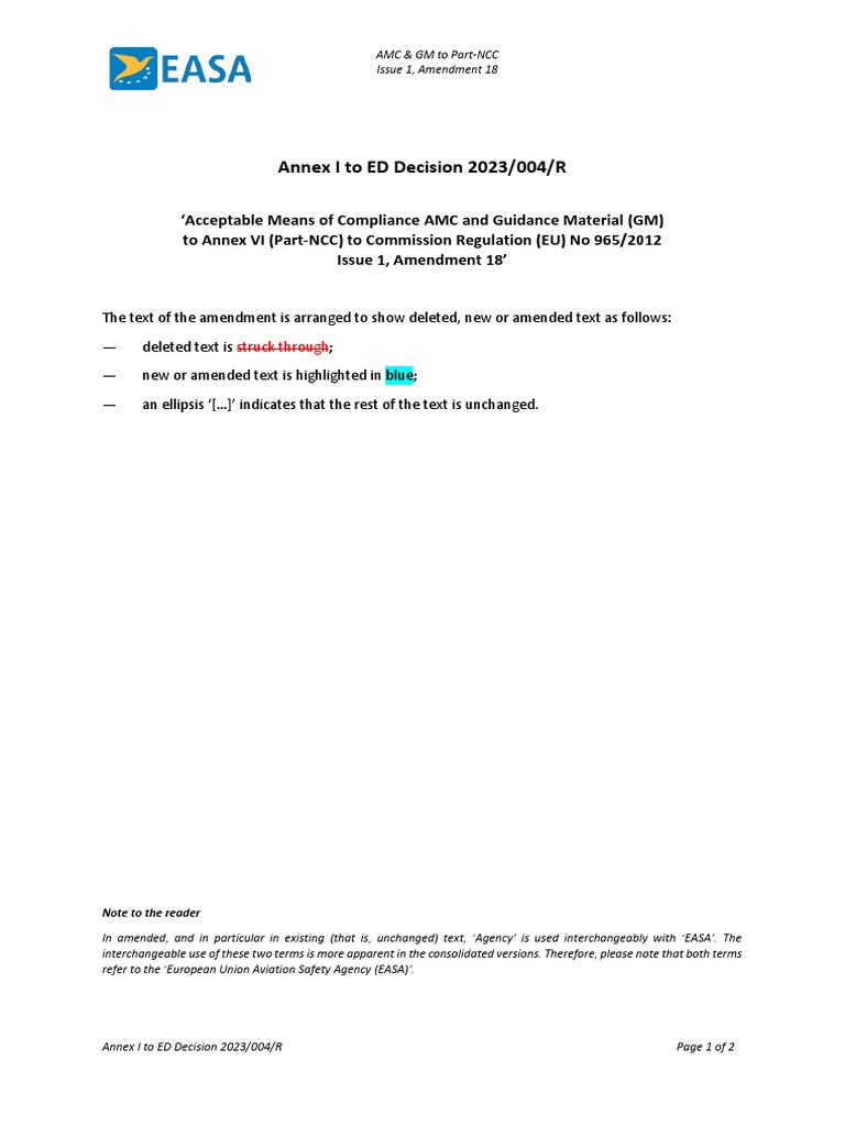Amc and GM To Annex VI Part-Ncc To Commission Regulation Eu No 965-2012 - Issue 1 Amendment 18 ...