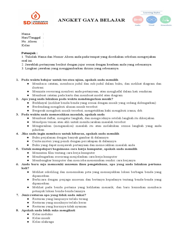 Angket Gaya Belajar | PDF