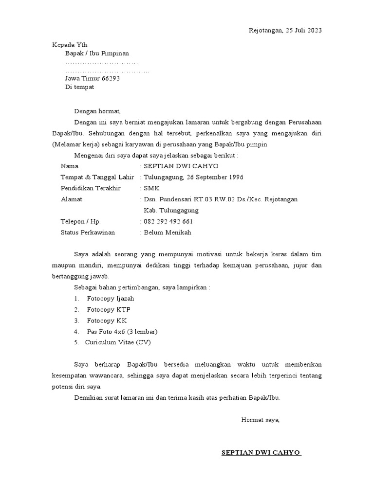 Lamaran Septian Dwi Cahyo | PDF