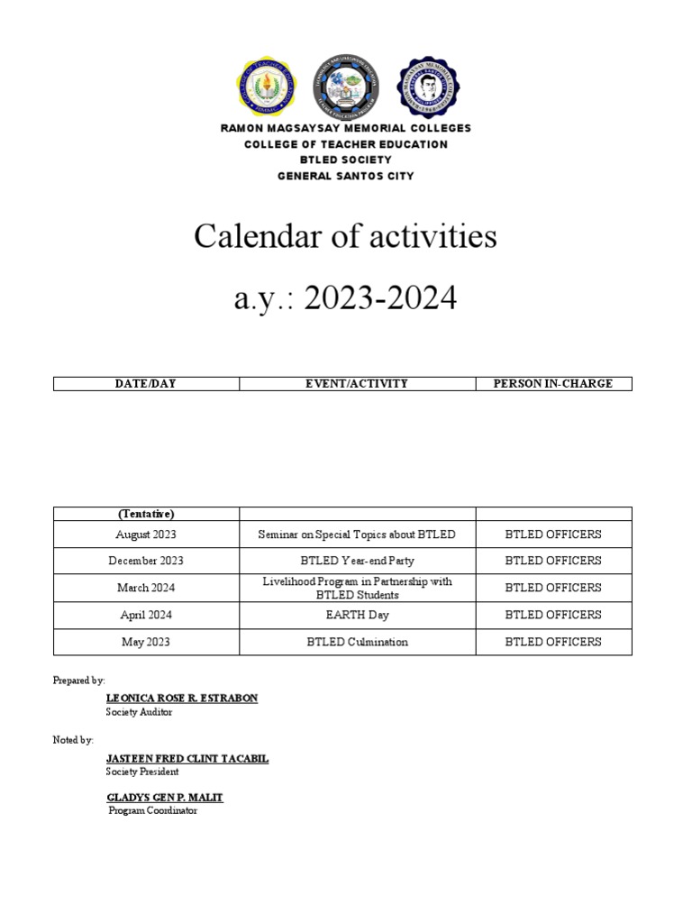Calendar of Activities 2024 | PDF