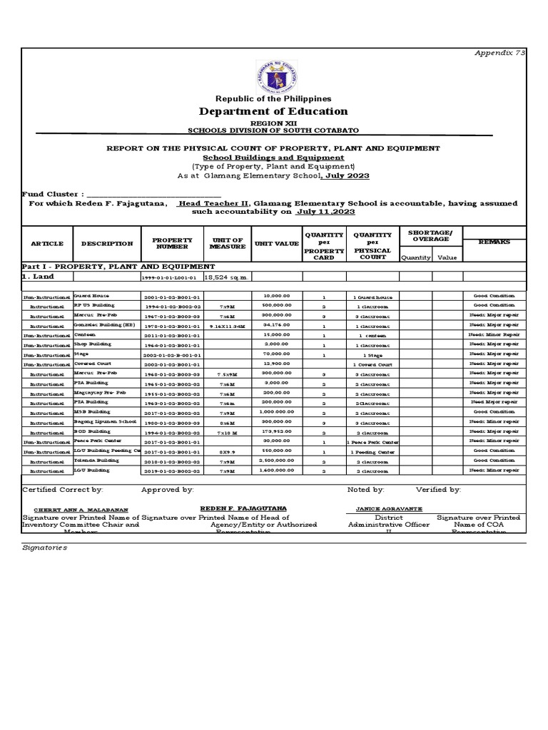 Glamang ES Schoo BUILDINGS Inventory 2022 2023 | PDF