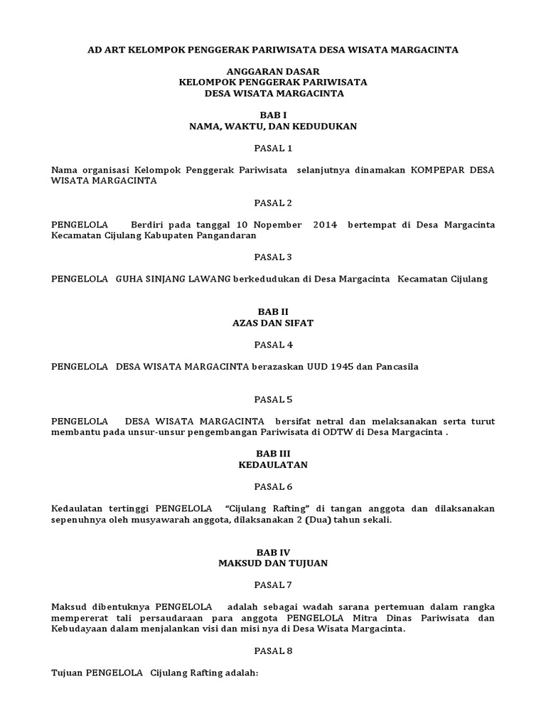 AD ART Kelompok Sadar WIsata (Pokdarwis) | PDF