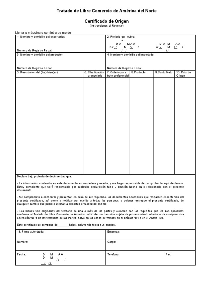 Certificado de Origen | PDF | Tratado de Libre Comercio Norteamericano