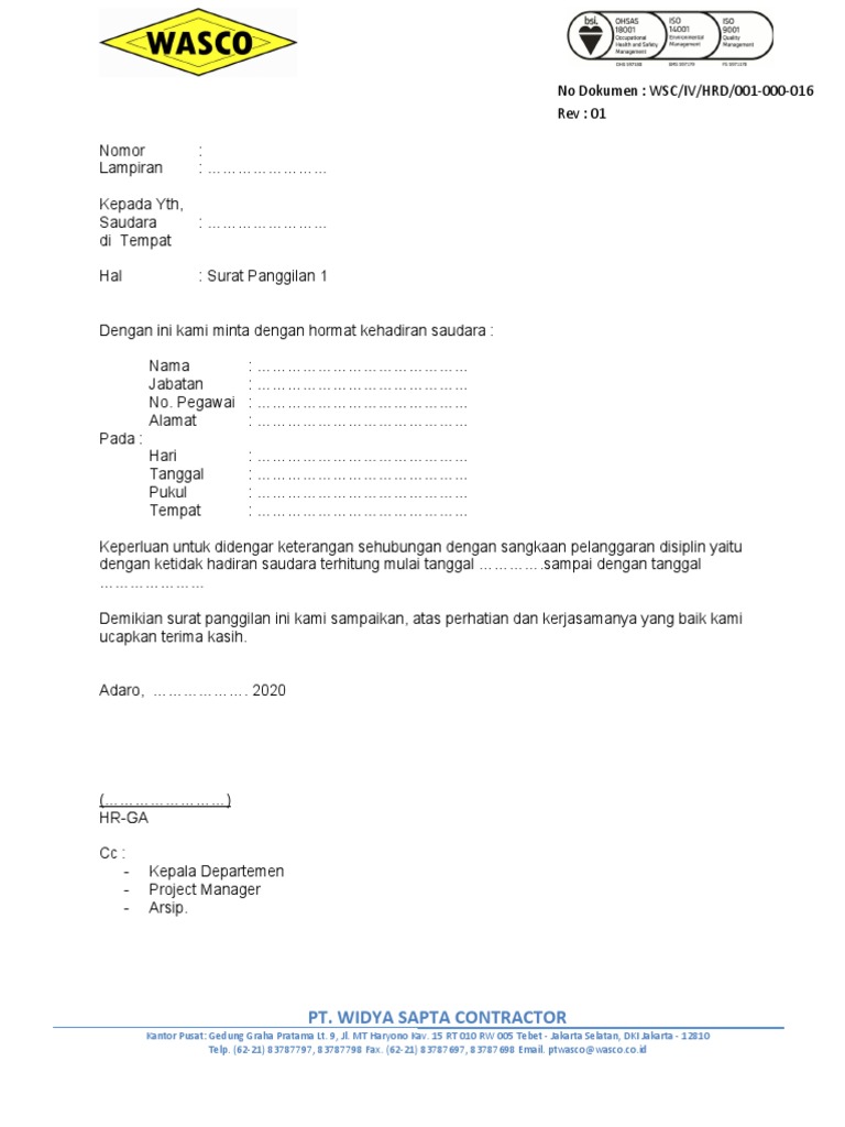 Surat Panggilan - Karyawan Mangkir | PDF