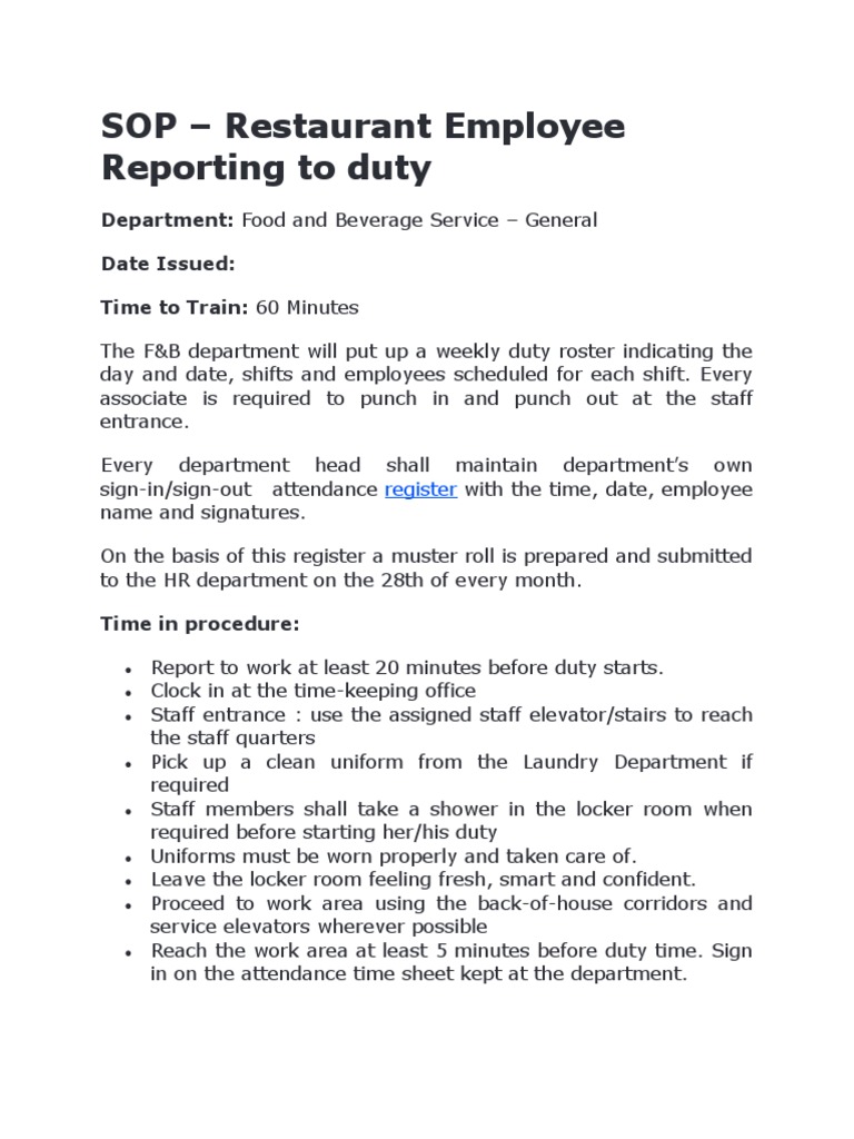 Restaurant Employee Duty Roster SOP | PDF