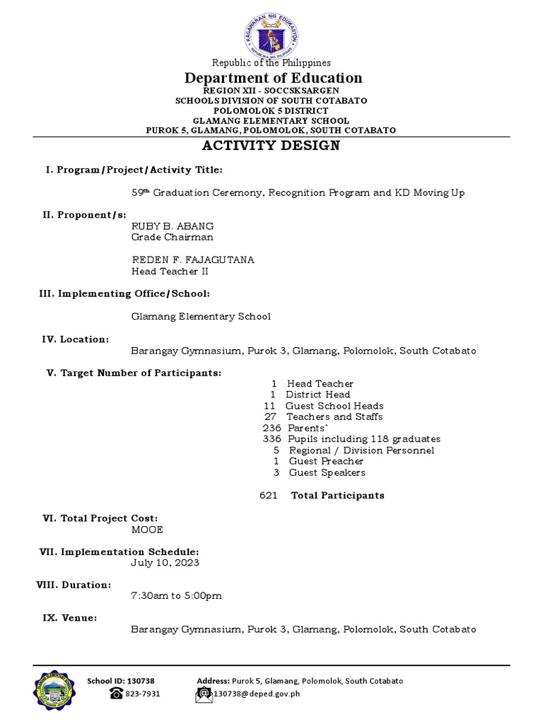 Activity Design 1 Graduation 2023 | PDF | Philippines