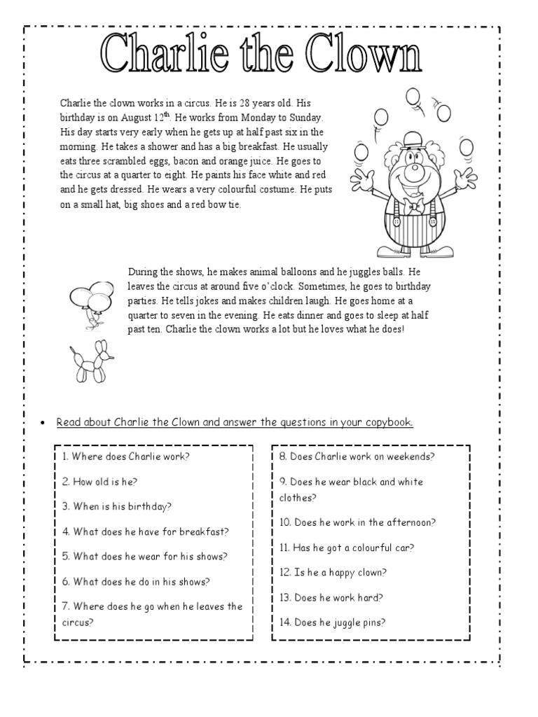 Charlie The Clown Reading Comprehension Exercises - 79928 | PDF