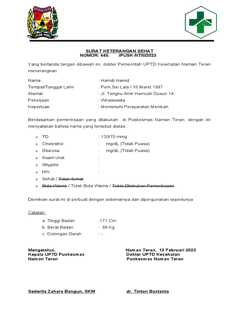 Surat Keterangan Sehat Catin | PDF | Kesehatan Holistik