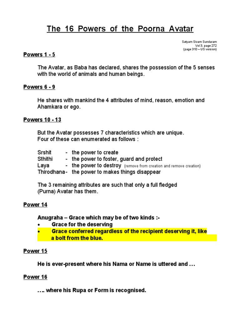 16 Powers - Poorna Avatar | PDF