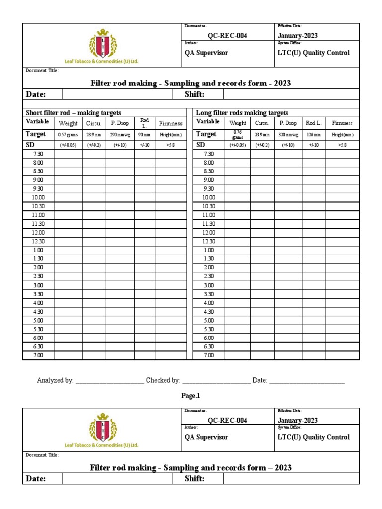 Filter Rod Making Data Form | PDF