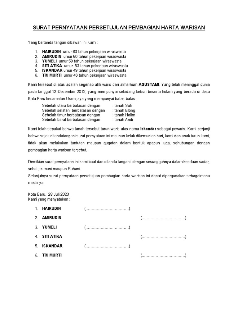 Surat Pernyataan Persetujuan Pembagian Harta Warisan | PDF