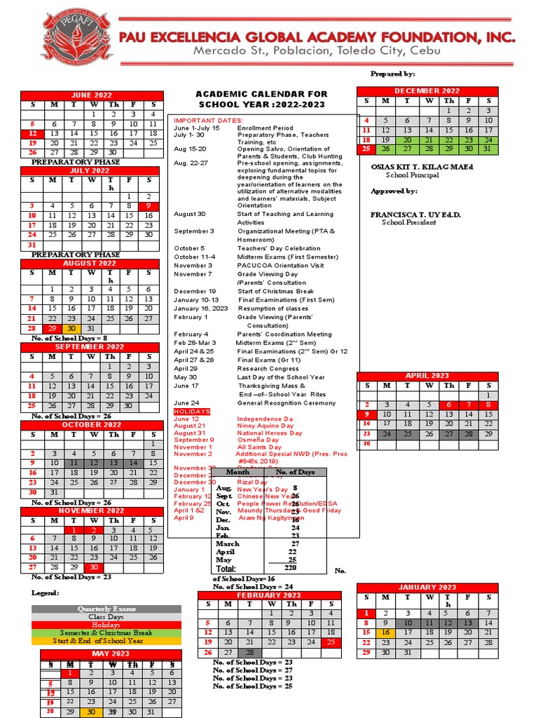 Pegafi School Calendar For Sy 2022 2023 | PDF